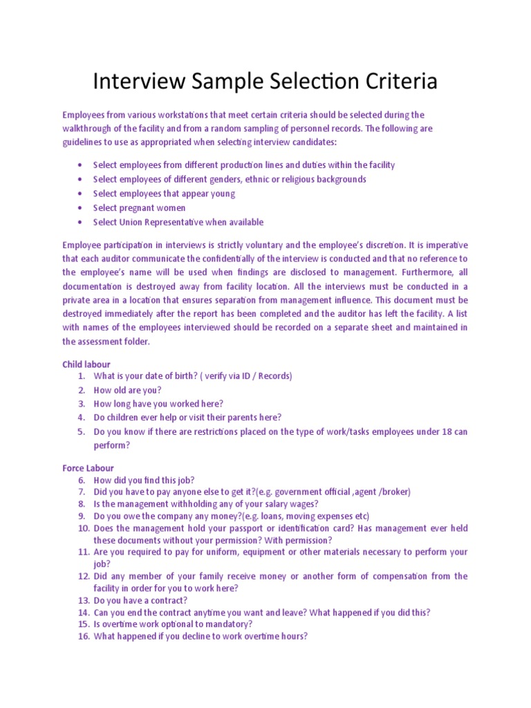 Interview Sample Selection Criteria | Download Free PDF | Overtime ...