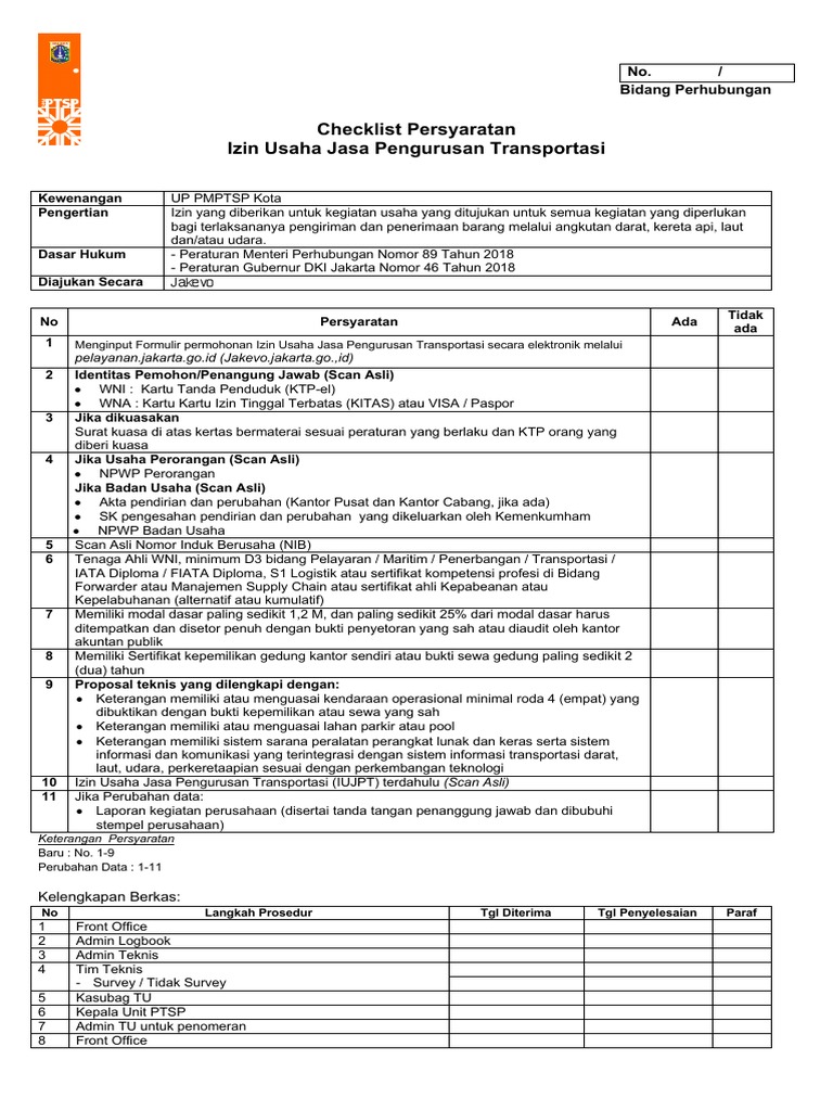 Checklist Persyaratan Ijin Usaha Jasa Pengurusan Transportasi | PDF