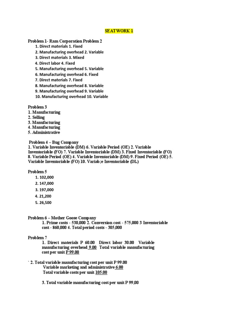 Answer Key (SW1 To SW3) | PDF | Cost Of Goods Sold | Business