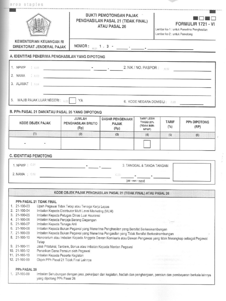 Scan Formulir 1721-VI PPH Pasal 21 | PDF