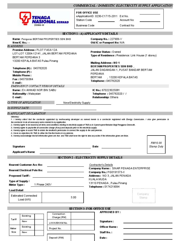 Electricity Supply Application Form | PDF | Government | Business