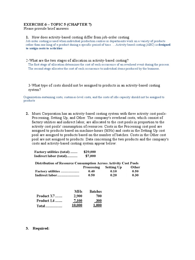 Activity-Based Costing: Answers to Exercises on Cost Allocation Methods ...