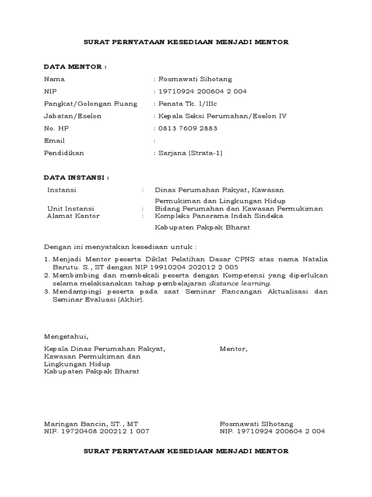 Surat Pernyataan Kesediaan Menjadi Mentor | PDF
