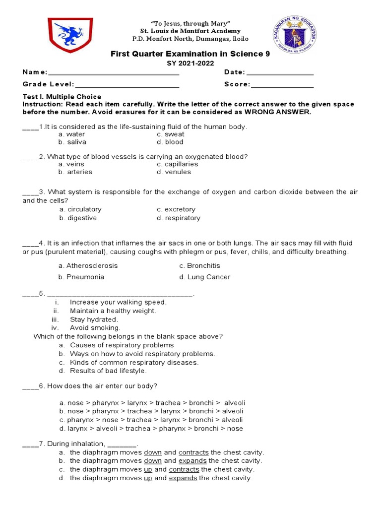Science 9 First Quarter Exam SY 2021-2022 | PDF | Heart | Circulatory ...