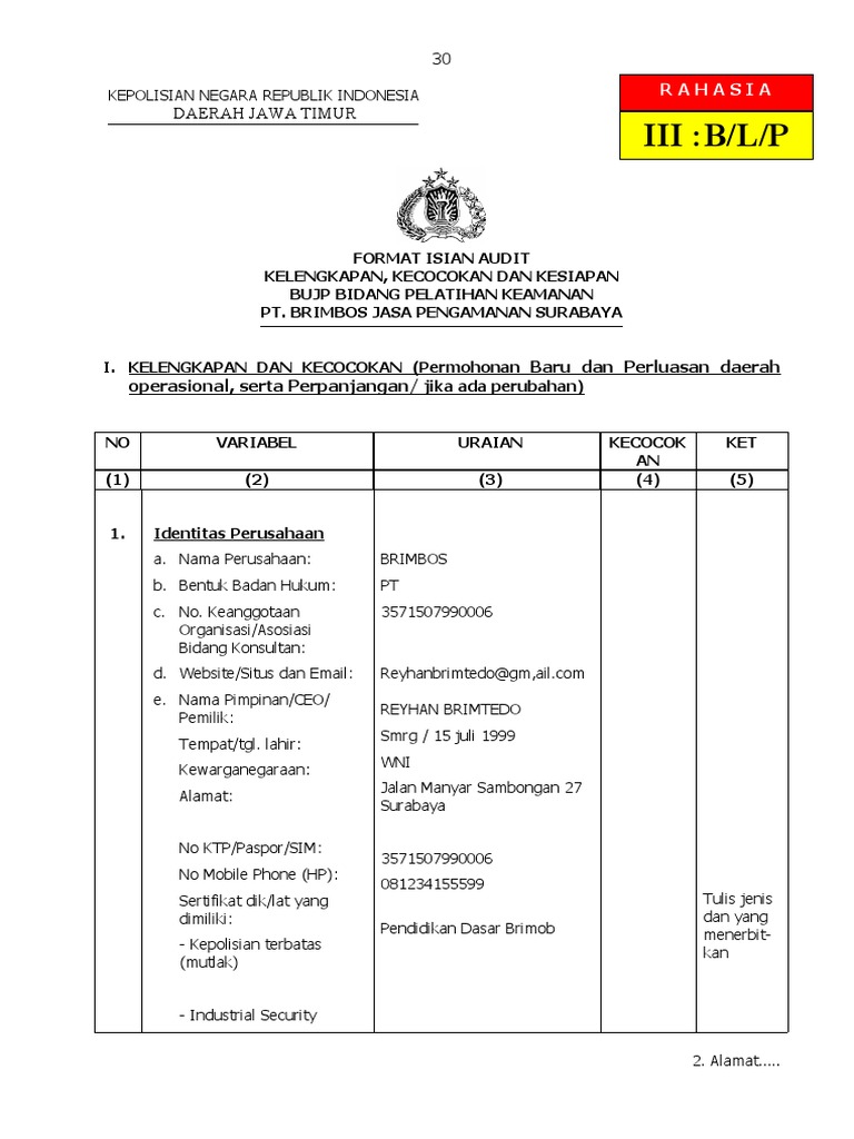 Format Isian Audit Kelengkapan, Kecocokan dan Kesiapan BUJP Bidang Pelatihan Keamanan PT ...