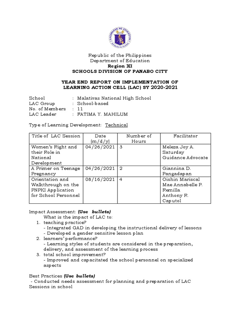Lac Year End Report Malativas NHS | PDF | Teaching | Communication