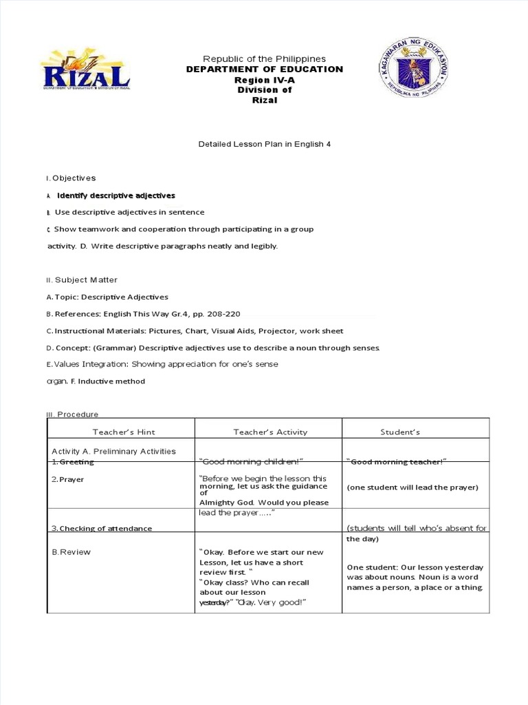 PDF Detailed Lesson Plan Adjectives | PDF | Adjective | Senses