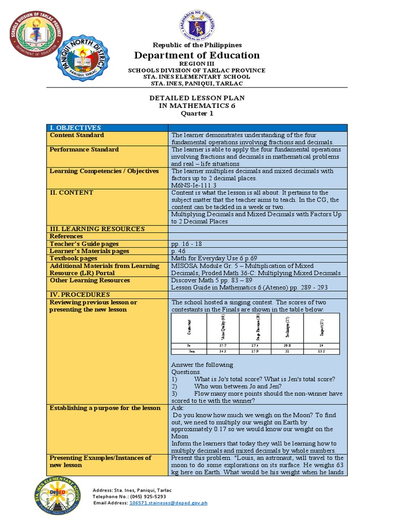 Grade 6 Math DLP: Multiplying Decimals | PDF | Weight | Multiplication