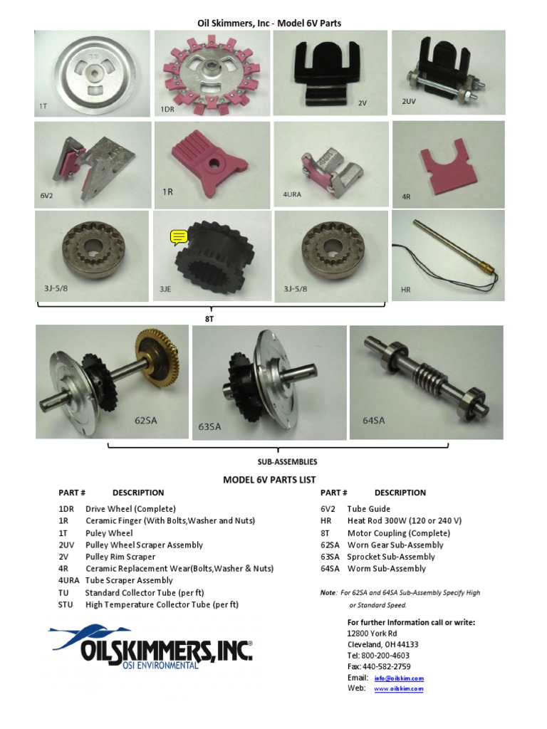 Oil Skimmer Spares - Parts - List - 6V | PDF