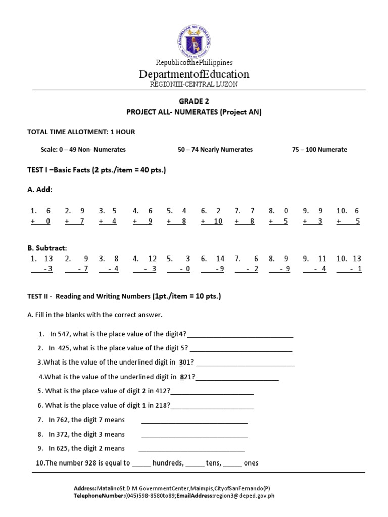 Grade 2 - PAN-ASSESSMENT-TOOL | PDF | Cognition | Mathematics