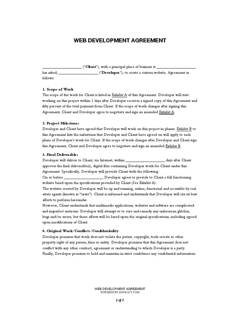 Web Development Agreement Client Developer Pdf Damages