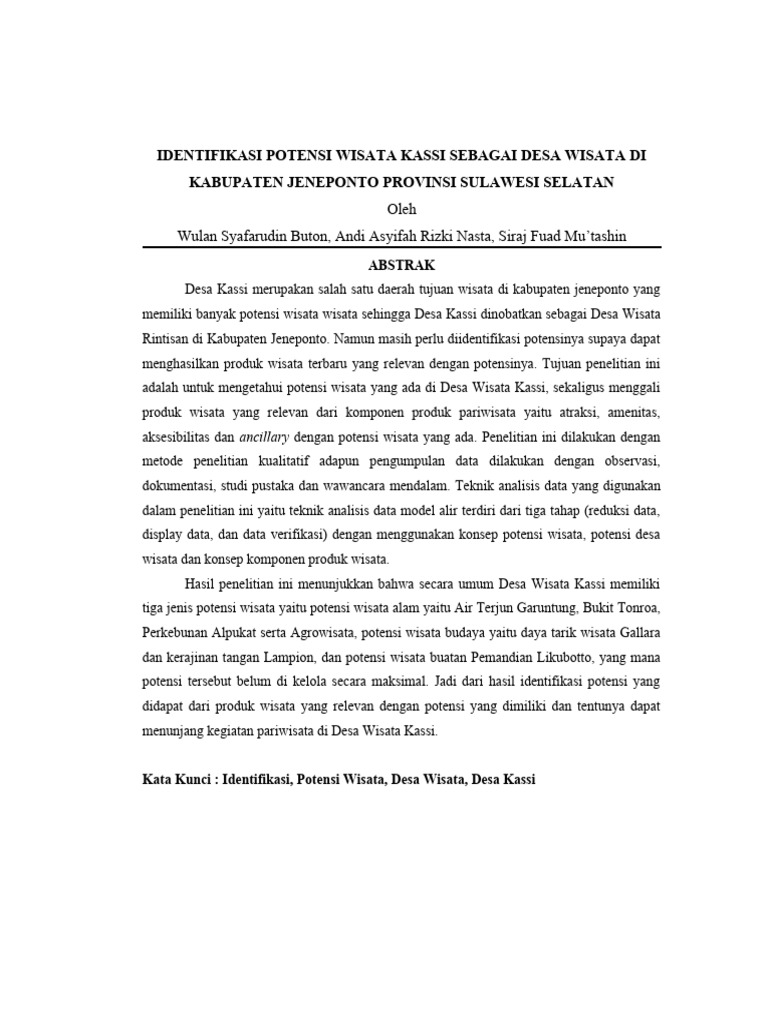 Identifikasi Potensi Wisata Kassi Sebagai Desa Wisata Di Kabupaten Jeneponto Provinsi Sulawesi ...