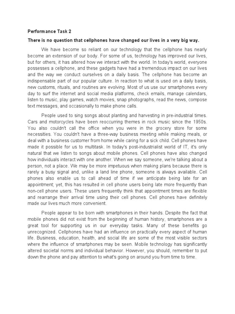 Performance Task 2 There Is No Question That Cellphones Have Changed ...