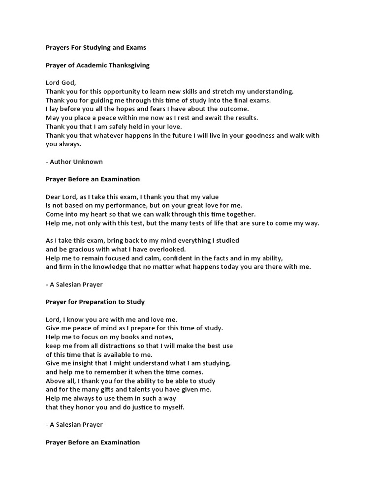 Prayers For Studying and Exams | PDF | Test (Assessment) | Prayer