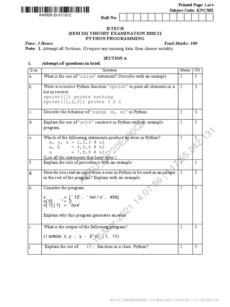 AKTU - QP20E290QP: Time: 3 Hours Total Marks: 100 | PDF | Function ...