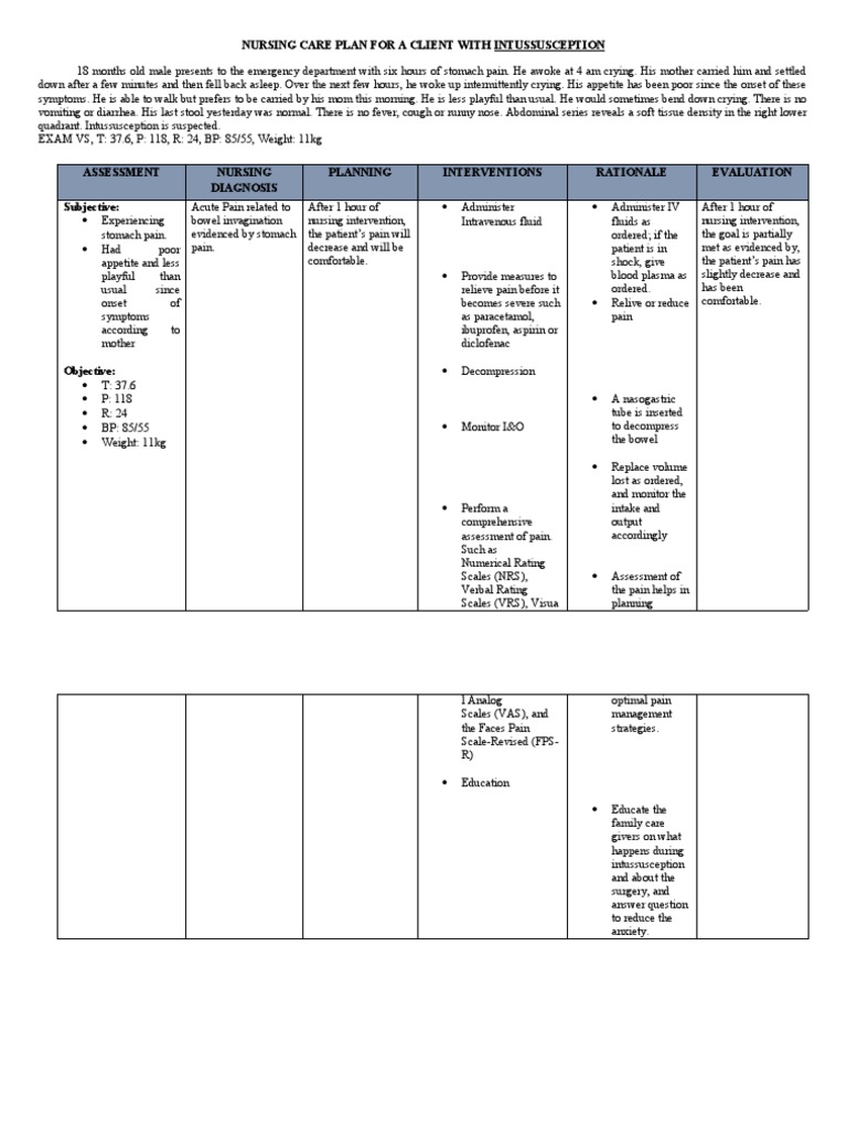 Intussusception Nursing Care Plan | PDF | Dehydration | Pain