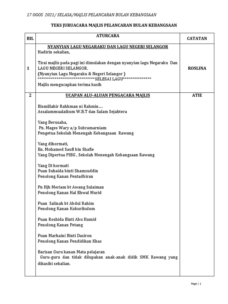 Teks Pengacara Majlis Pelancaran Bulan Kemerdekaan 2021 | PDF