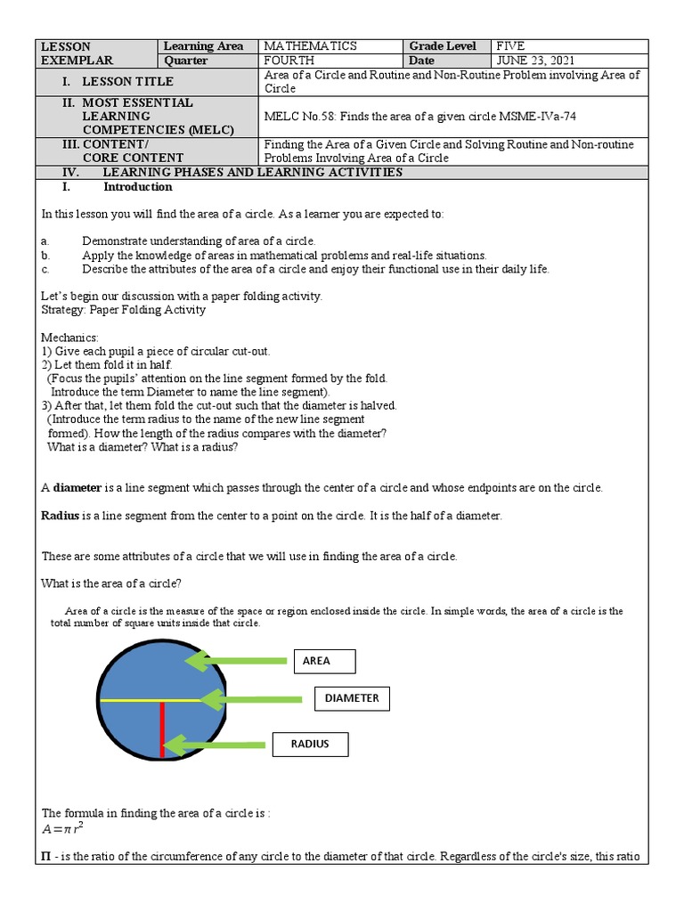 Cot 2 Math Download Free Pdf Area Circle