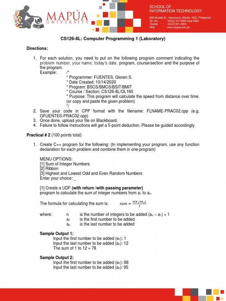 CS126-8L: Computer Programming 1 (Laboratory) : Directions | PDF | Parameter (Computer ...