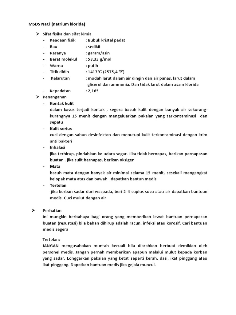 MSDS NaCl | PDF | Memasak, Makanan, & Anggur