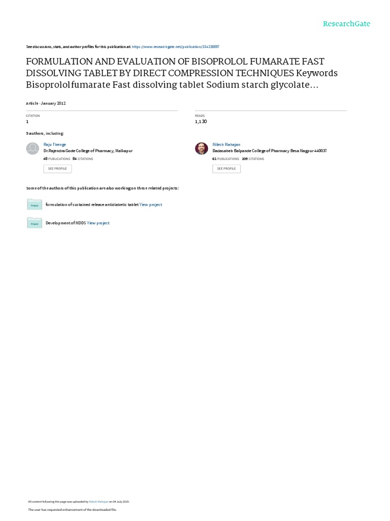 Bisoprolol Neha | PDF | Tablet (Pharmacy) | Pharmaceutical Formulation