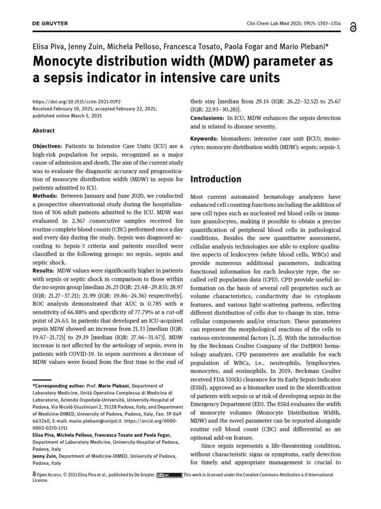 Monocyte Distribution Width (MDW) Parameter As A Sepsis Indicator in ...