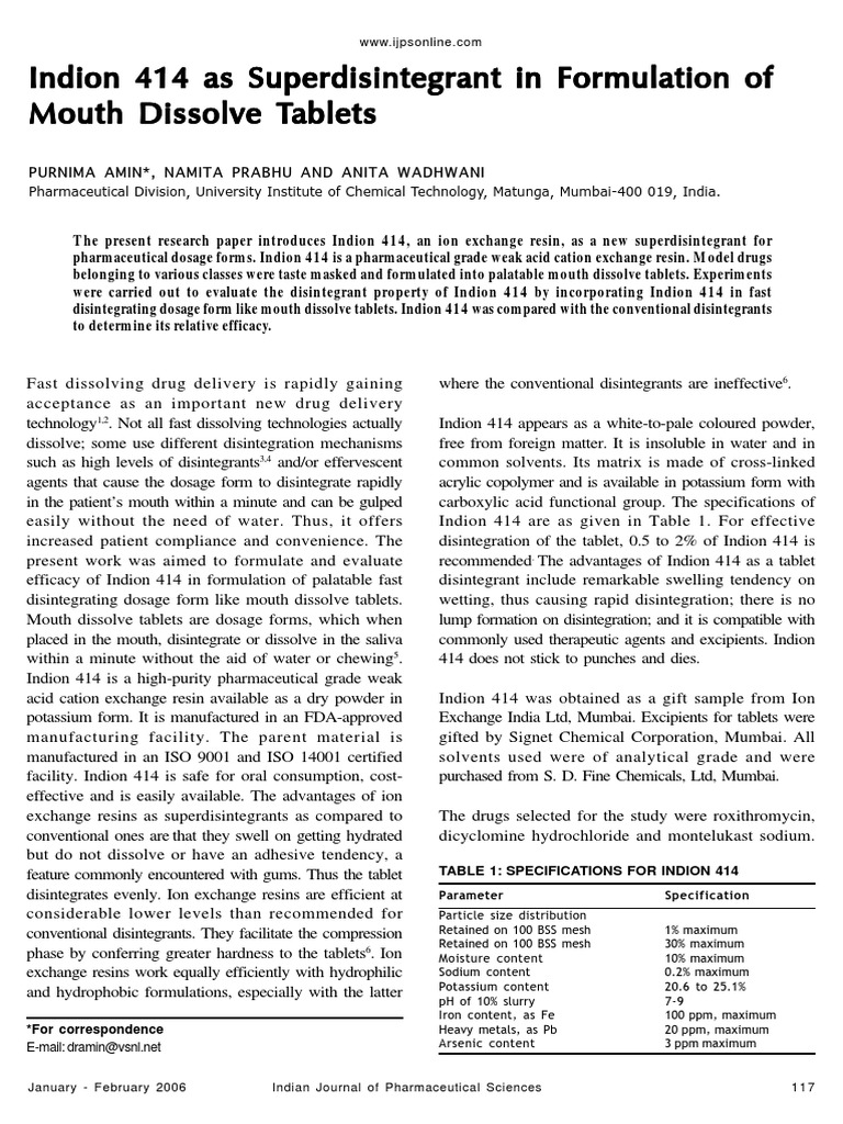 Indion 414 As Superdisintegrant in Formulation of | PDF | Tablet ...