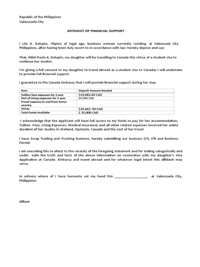 Affidavit Of Financial Support Letter