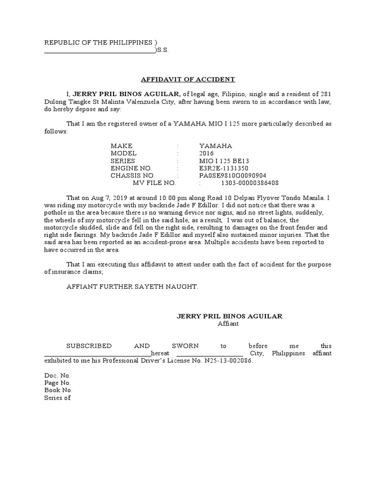 Yamaha Mio Accident Affidavit | PDF | Law