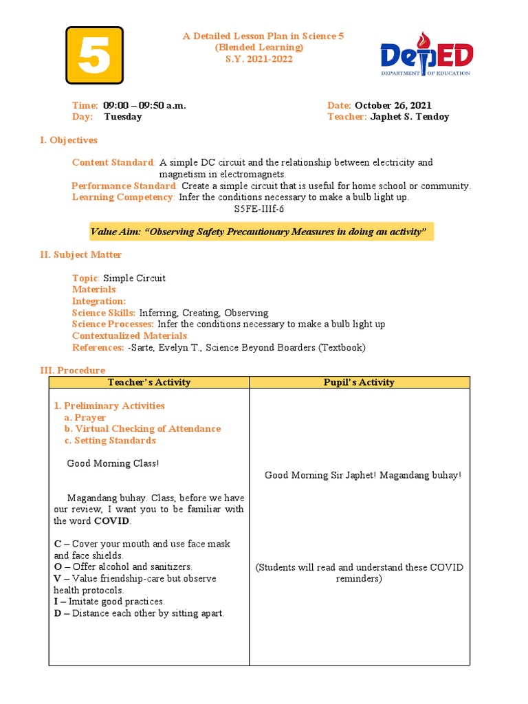 Grade 5 Simple Circuit Lesson Plan | PDF | Lesson Plan | Science