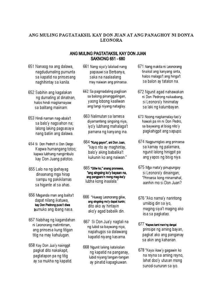 Ang Muling Pagtataksil Kay Don Juan at Ang Panaghoy Ni Donya Leonora | PDF