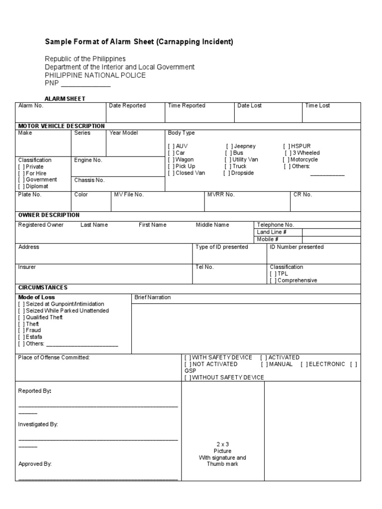 Sample Format of Alarm Sheet (Carnapping Incident) | PDF | Van | Carjacking
