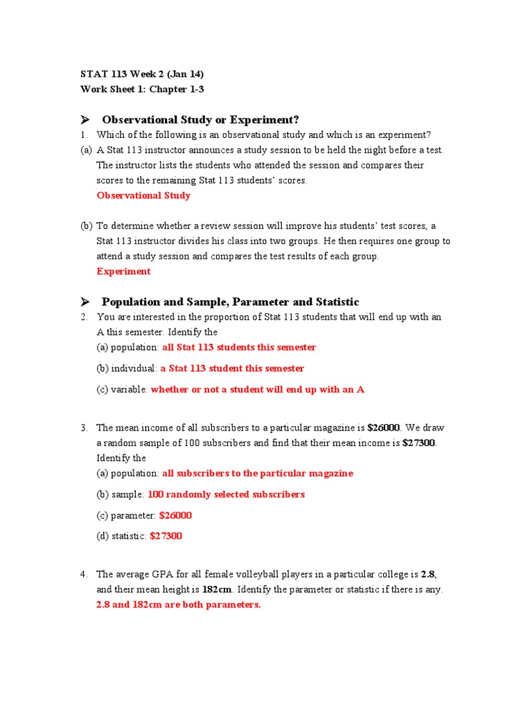 Observational Study or Experiment?: STAT 113 Week 2 (Jan 14) Work Sheet ...