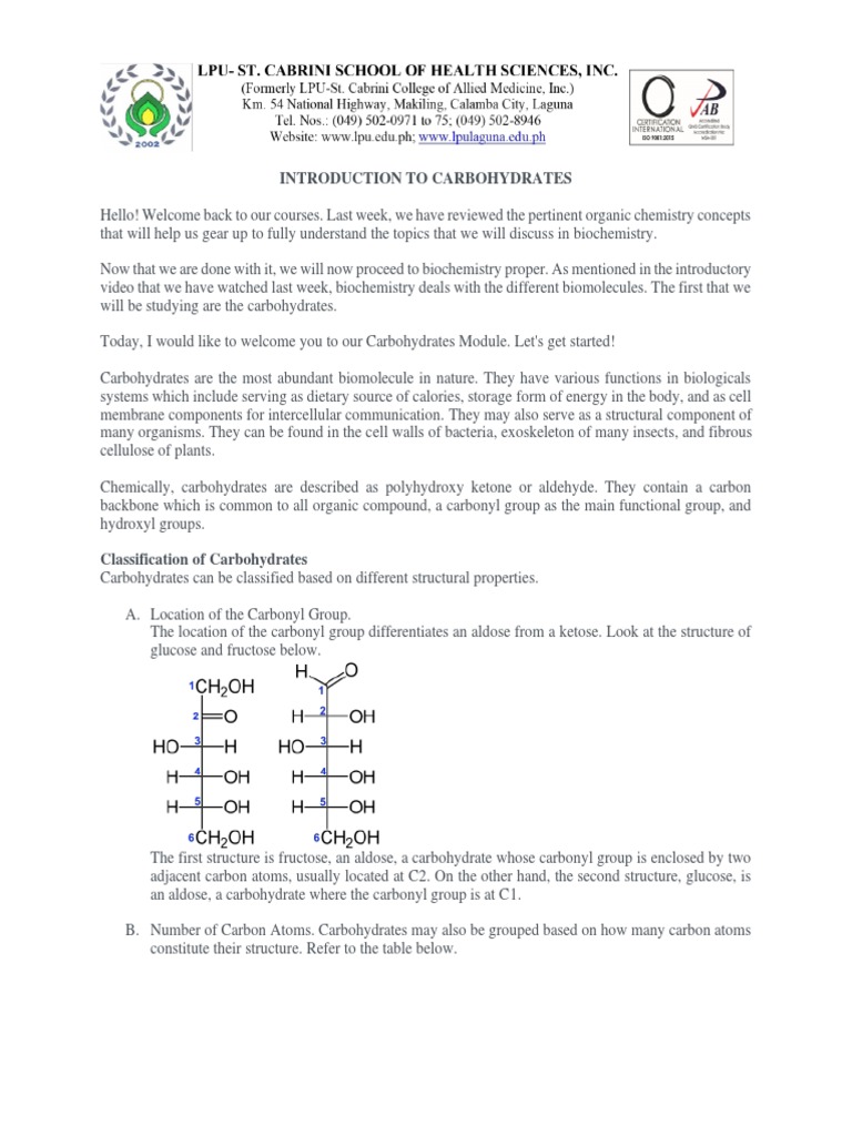 Introduction To Carbohydrates | PDF | Carbohydrates | Chemistry