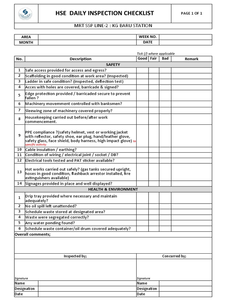 HSE Daily Inspection Checklist for MRT | PDF
