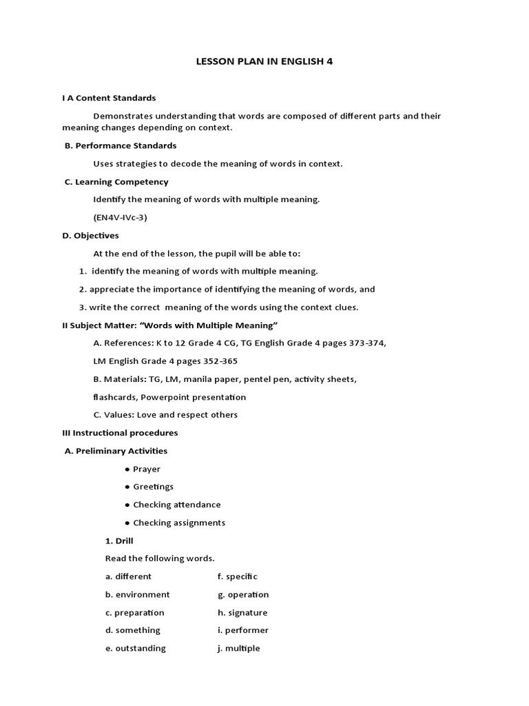 Lesson Plan: Words with Multiple Meanings | PDF | Lesson Plan