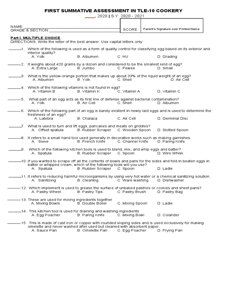 1st Summative Test Cookery 10 | PDF | Egg As Food | Spoon