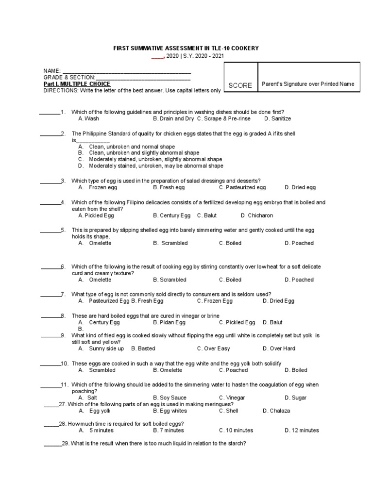 1st Summative Test Cookery 10 Part II | PDF | Egg As Food | Foods