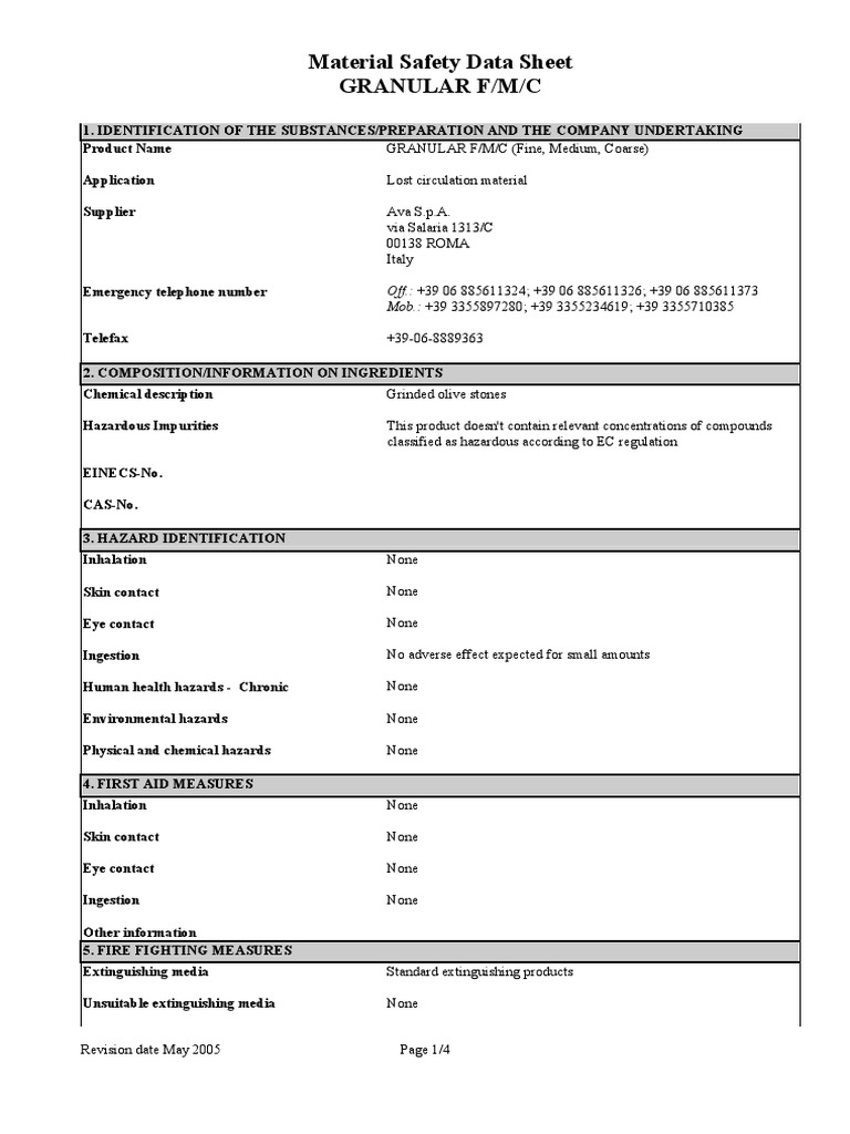 Material Safety Data Sheet Granular F/M/C | PDF | Personal Protective ...