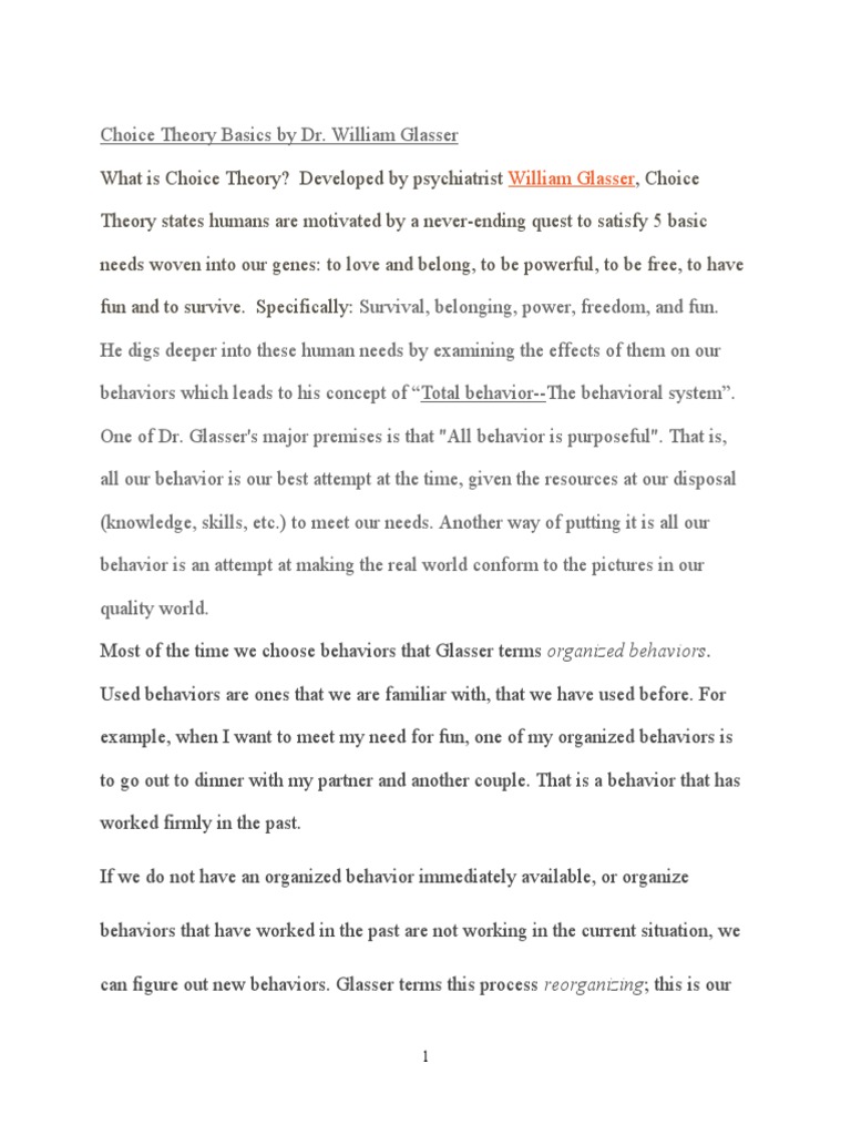 Choice Theory Basics by DR - Glasser | PDF | Behavior | Theory