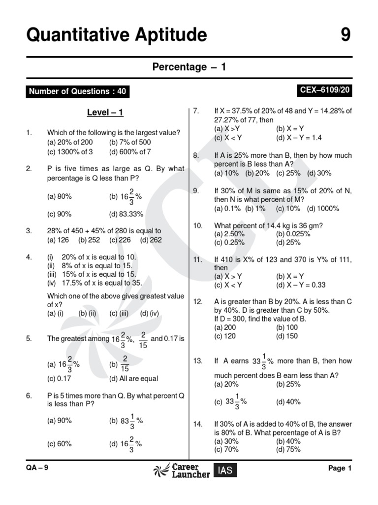 Quantitative Aptitude 9: Percentage - 1 | PDF | Elementary Mathematics | Mathematics
