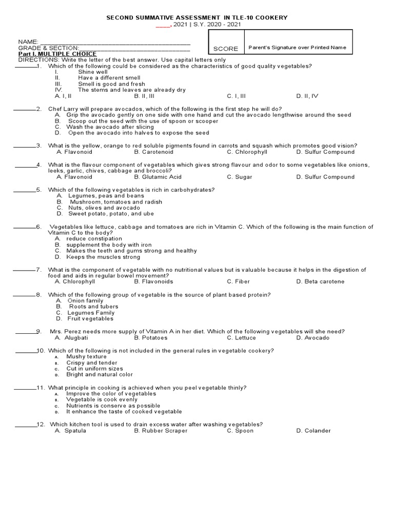 TLE 10 Cookery 2nd Quarter Exam | PDF | Vegetables | Cooking