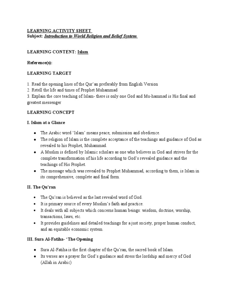 Learning Activity Sheet Subject: Introduction To World Religion and ...