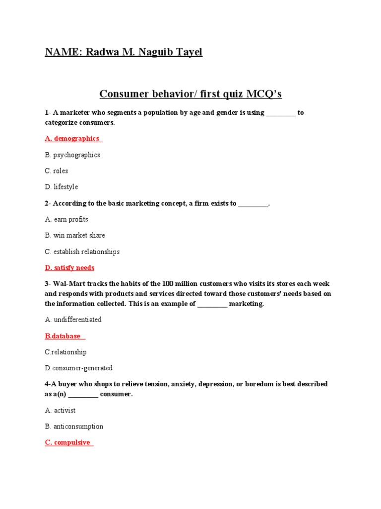 Consumer Behavior 1st Quiz | PDF | Perception | Emergence