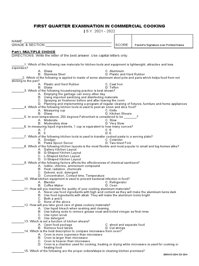 Summative Test in Cookery 7 | PDF | Kitchen Utensil | Foods