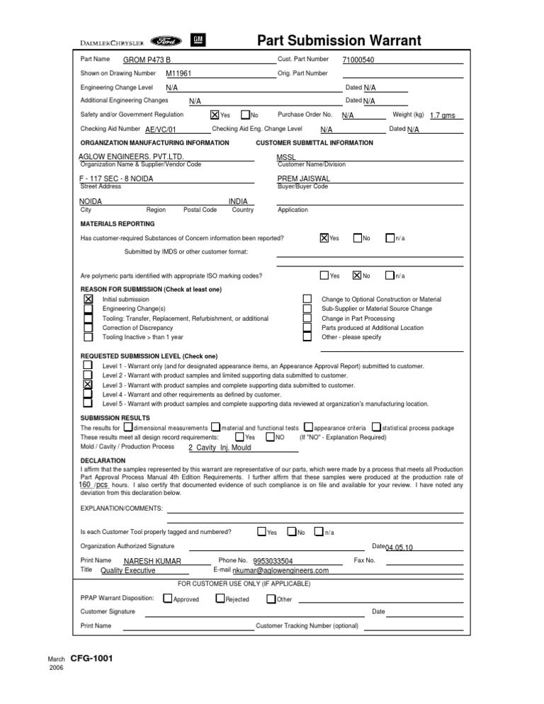Part Submission Warrant: Grom P473 B 71000540 M11961 | PDF | Business ...