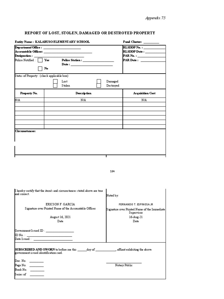 Report of Lost, Stolen, Damaged or Destroyed Property: Appendix 75 | PDF