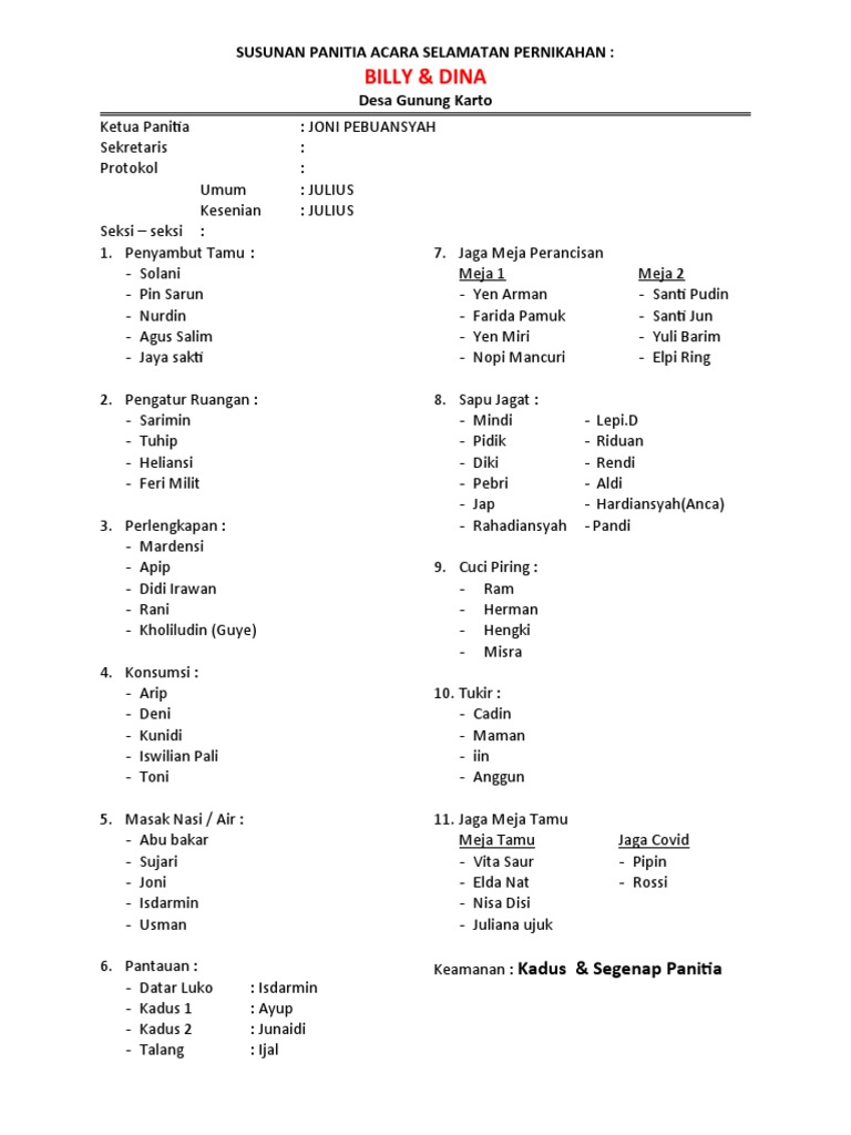 Susunan Panitia Acara Selamatan Pernikahan | PDF