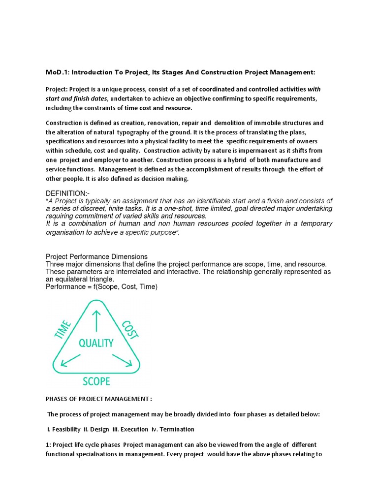 Mod.1: Introduction To Project, Its Stages and Construction Project ...