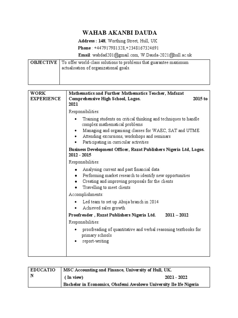 Resume and CV of Wahab Akanbi Dauda Seeking an Accounting and Finance Position After Completing ...